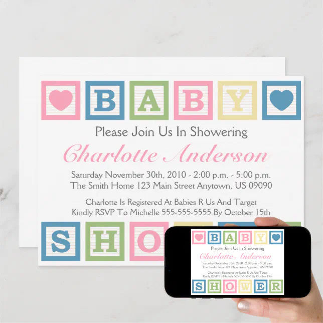 Building Blocks Baby Shower Invitiations (Pink) Invitation | Zazzle