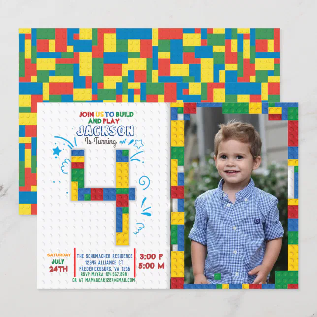 Building Blocks Birthday Bricks 4 years Invitation | Zazzle