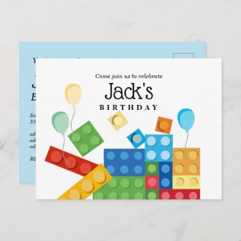 building blocks, block, toy brick invitation postcard | Zazzle