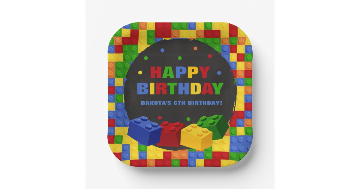 Building Blocks Boy Birthday Bricks Paper Plate | Zazzle