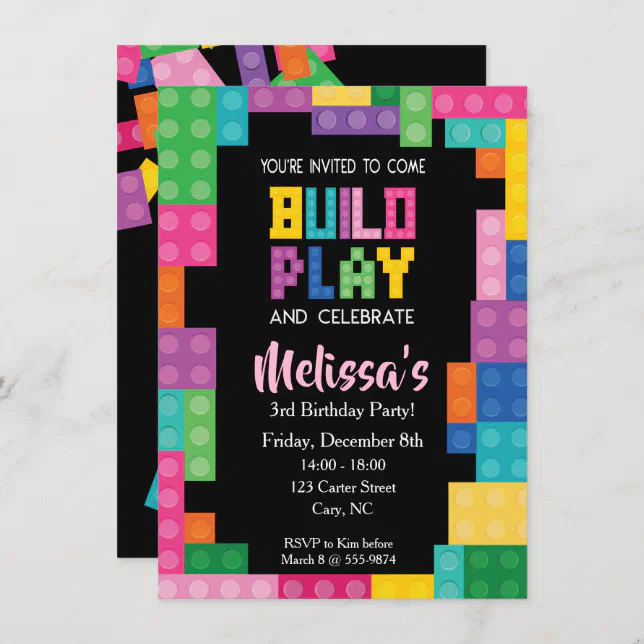 Building Bricks Birthday party Girls Invitation | Zazzle
