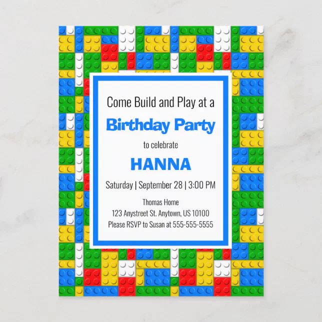 Building Bricks Construction Toy Theme Invitation Postcard | Zazzle