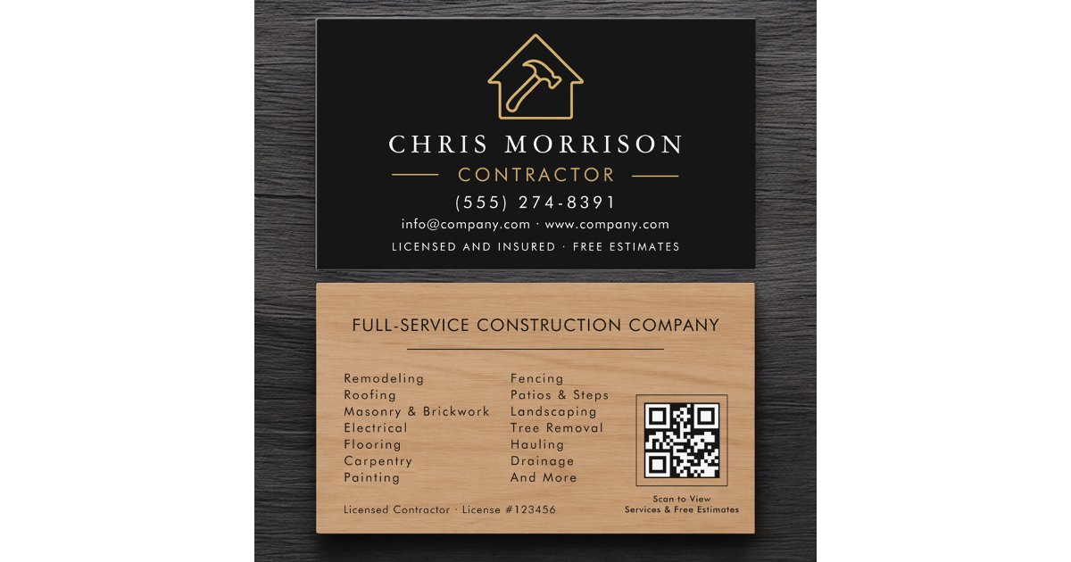 Building Construction Black Gold QR Code Wood Business Card | Zazzle
