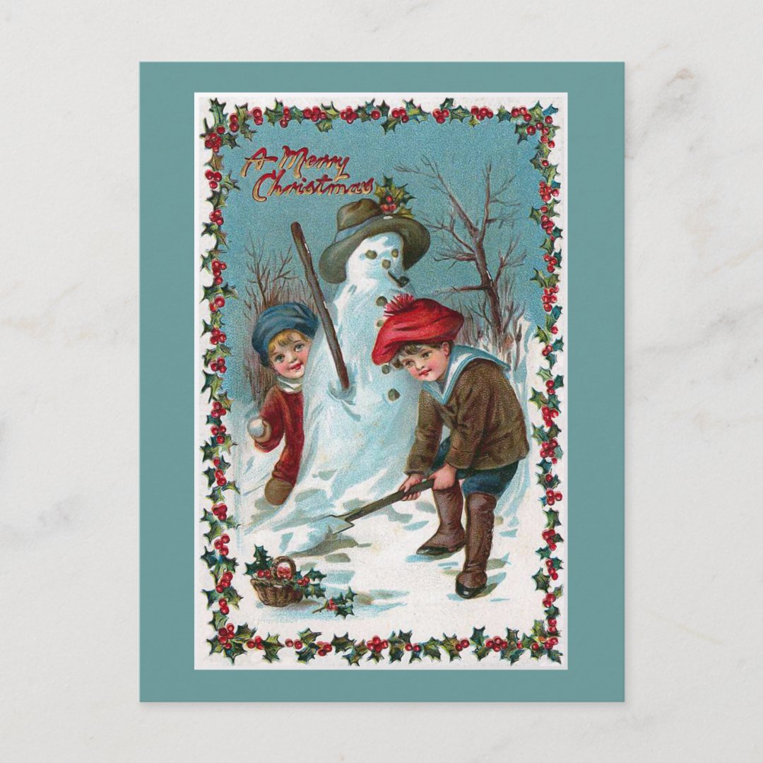 Building the Snowman Vintage Holiday Postcard | Zazzle