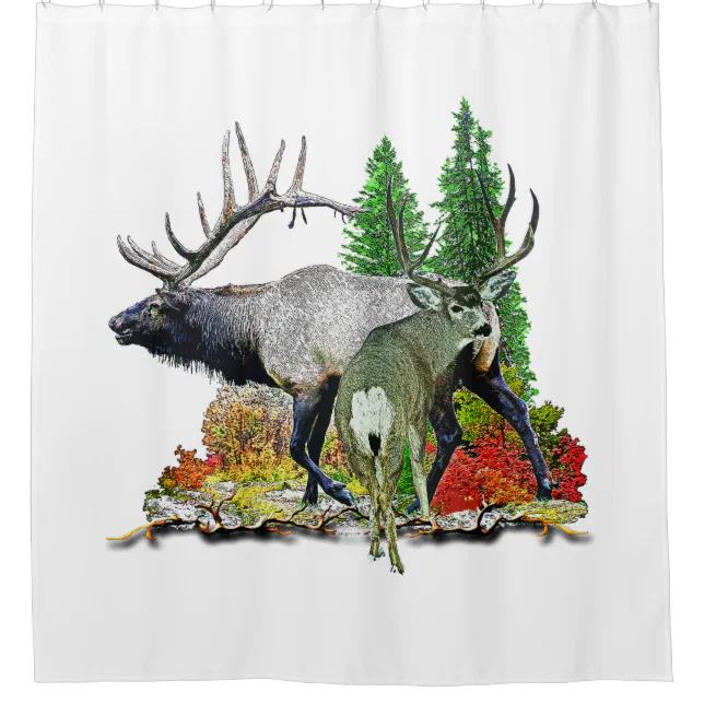 Bull elk and mule deer buck shower curtain | Zazzle