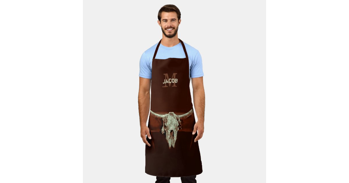Bull Skull Brown Country Monogram Rustic Western Apron | Zazzle