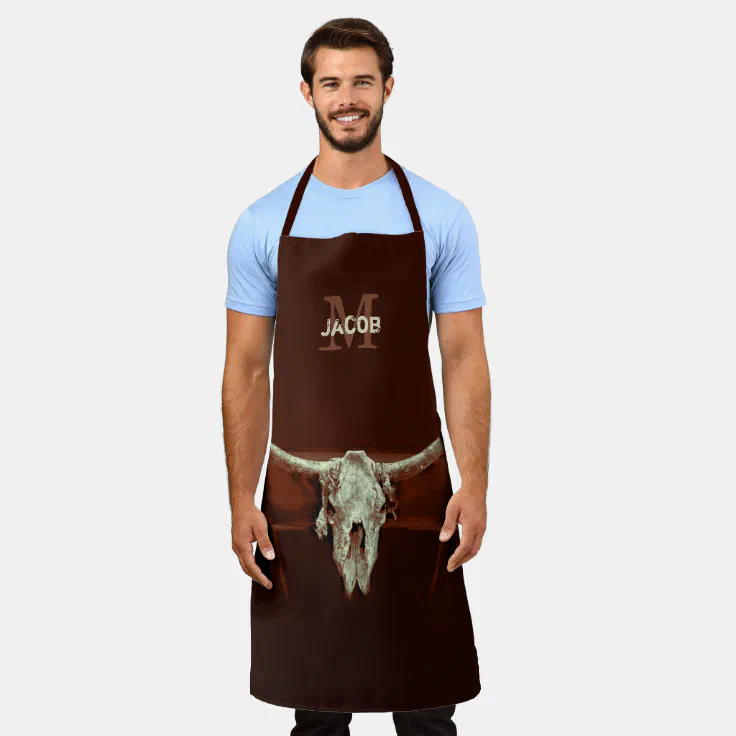 Bull Skull Brown Country Monogram Rustic Western Apron | Zazzle