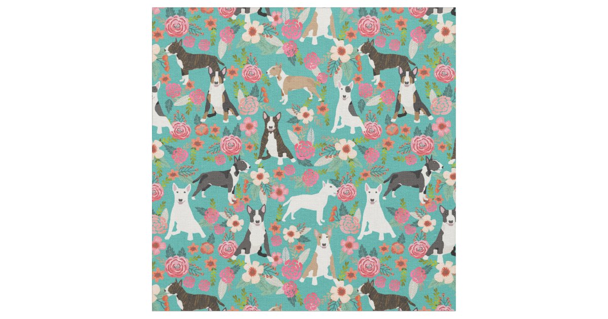 Bull Terrier dog vintage florals turquoise Fabric | Zazzle