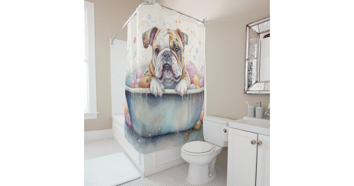 Bulldog In Bathtub Watercolor Dog Art Shower Curtain | Zazzle