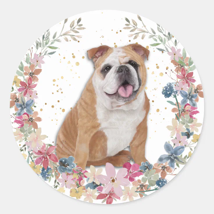 Bulldog Spring Flowers Wreath Classic Round Sticker | Zazzle