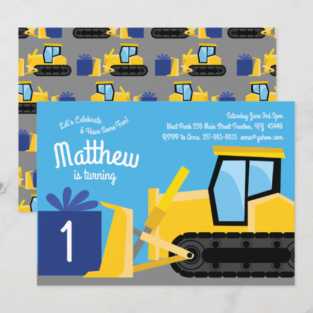 Bulldozer 1st Birthday Invitations | Zazzle