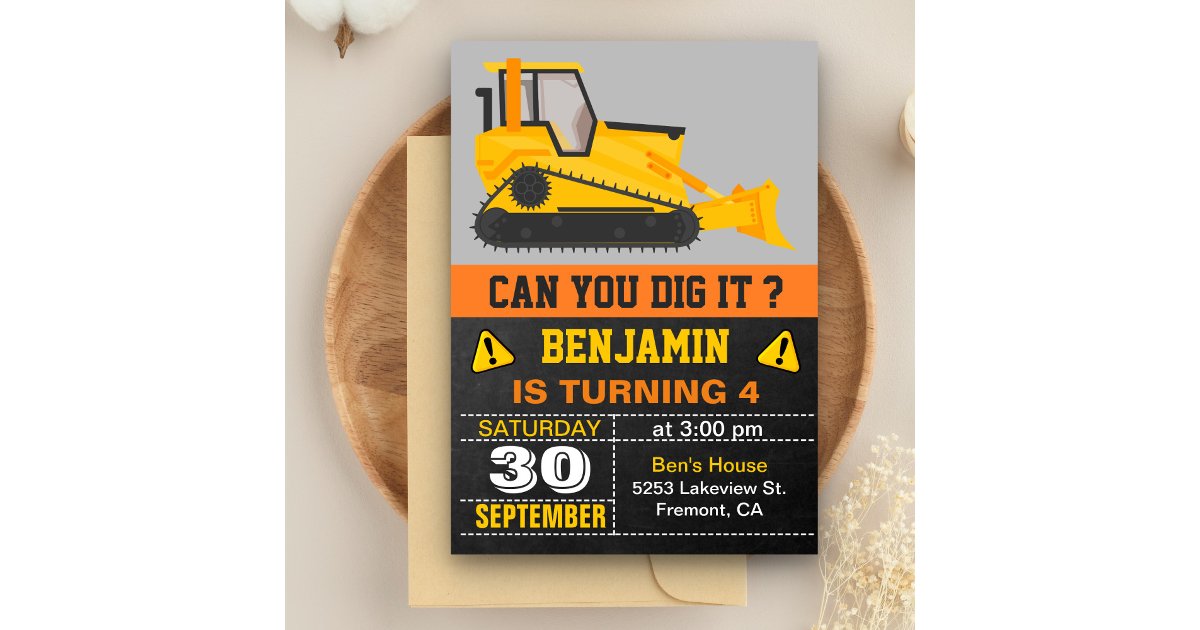 Bulldozer Construction Birthday Party Invitation | Zazzle