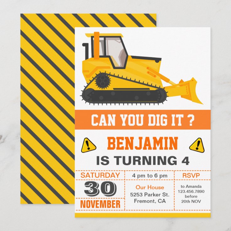 Bulldozer Construction Kids Birthday Party Invitation | Zazzle