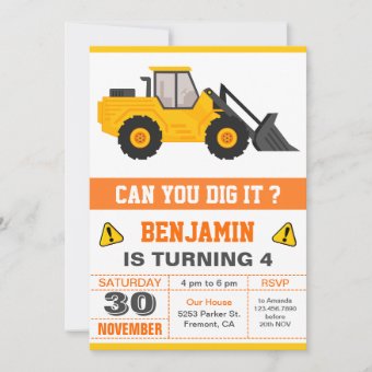 Bulldozer Construction Kids Birthday Party Invitation | Zazzle
