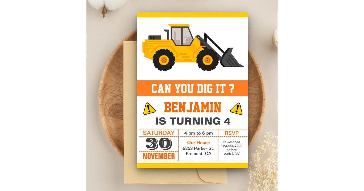 Bulldozer Construction Kids Birthday Party Invitation | Zazzle