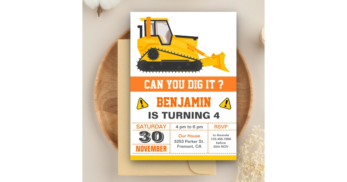 Bulldozer Construction Kids Birthday Party Invitation | Zazzle