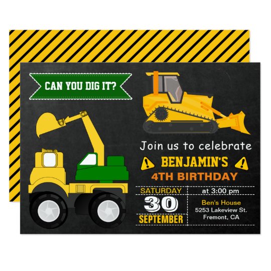 Bulldozer Construction Kids Birthday Party Invite | Zazzle.com