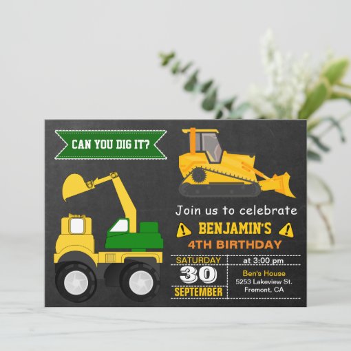 Bulldozer Construction Kids Birthday Party Invite | Zazzle