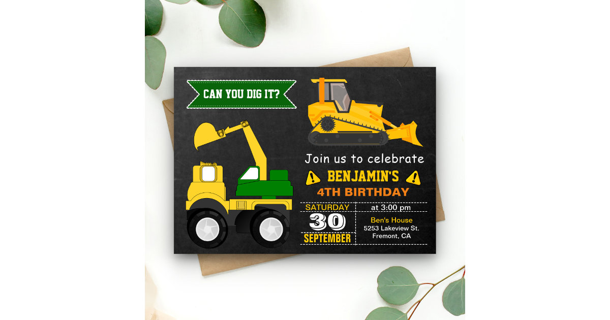 Bulldozer Construction Kids Birthday Party Invite | Zazzle