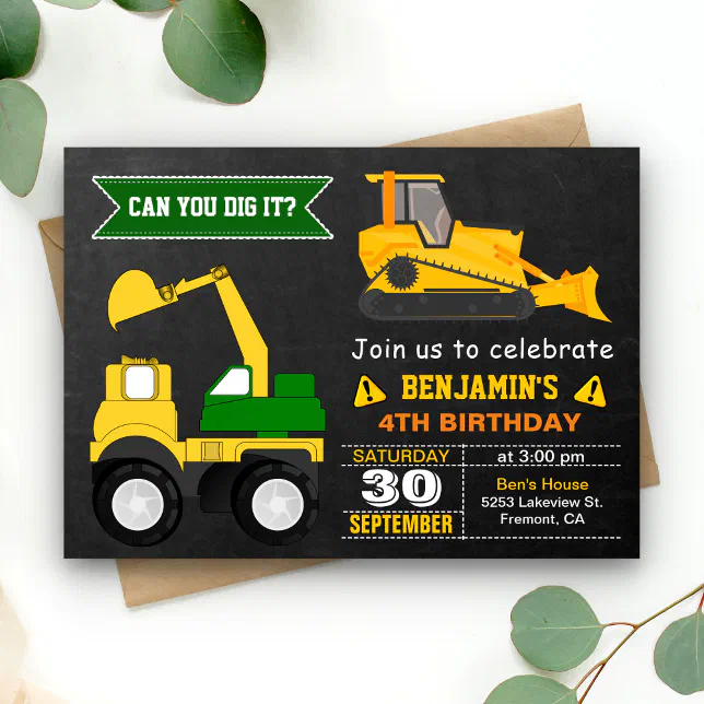 Bulldozer Construction Kids Birthday Party Invite | Zazzle