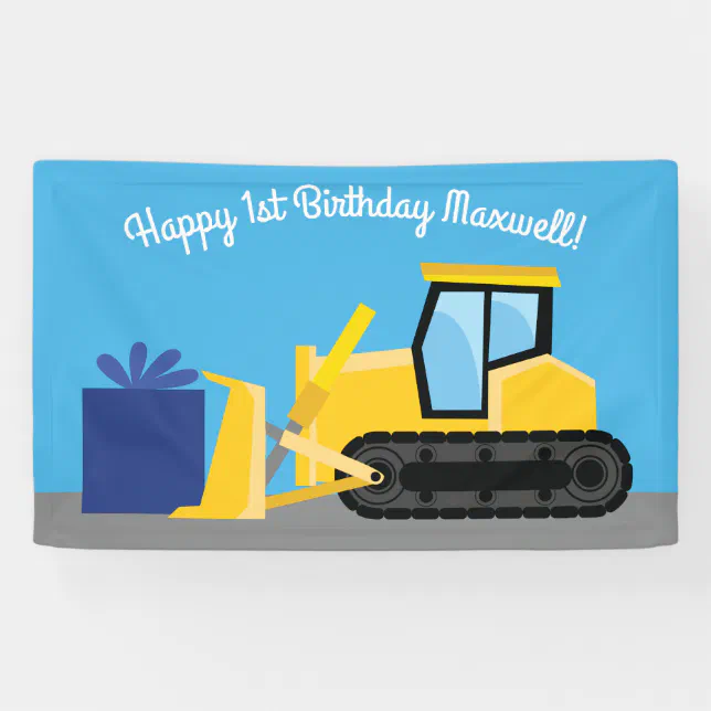Bulldozer Cute 1st Birthday Party Construction Banner | Zazzle