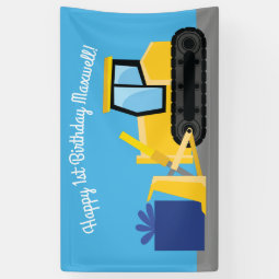 Bulldozer Cute 1st Birthday Party Construction Banner | Zazzle