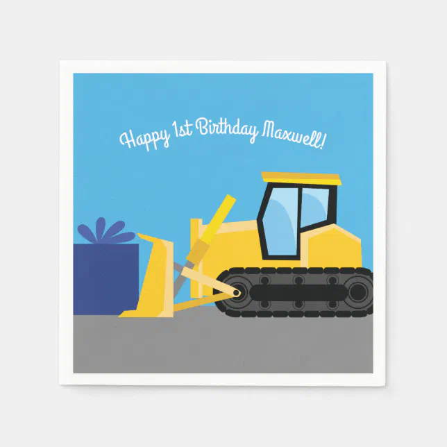 Bulldozer Cute 1st Birthday Party Construction Napkins | Zazzle
