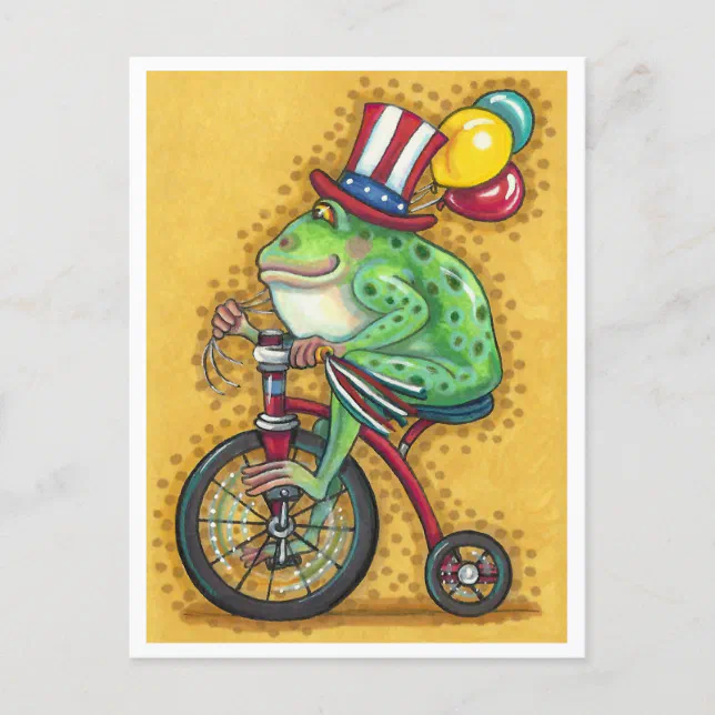 BULLFROG 4TH OF JULY, FROG TRICYCLE & BALLOONS HOLIDAY POSTCARD | Zazzle