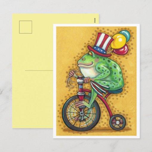 BULLFROG 4TH OF JULY, FROG TRICYCLE & BALLOONS HOLIDAY POSTCARD | Zazzle
