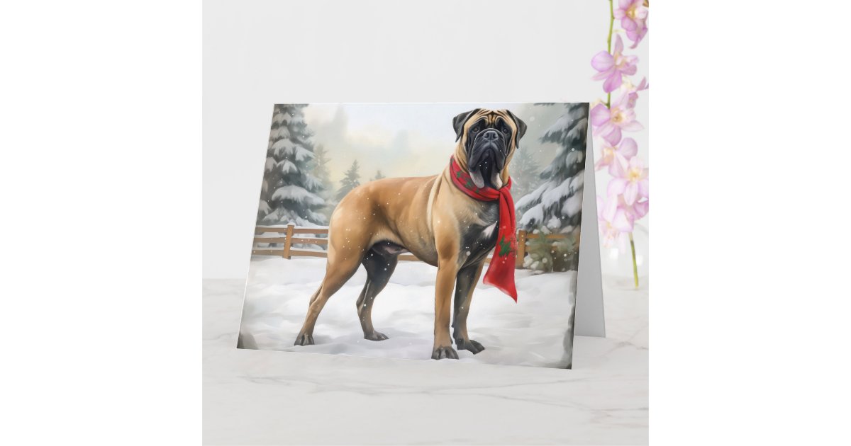 Bullmastiff Dog in Snow Christmas Card | Zazzle