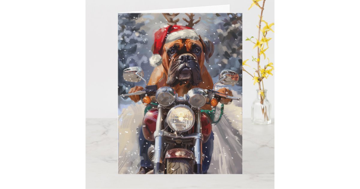 Bullmastiff Dog Riding Motorcycle Christmas Card | Zazzle
