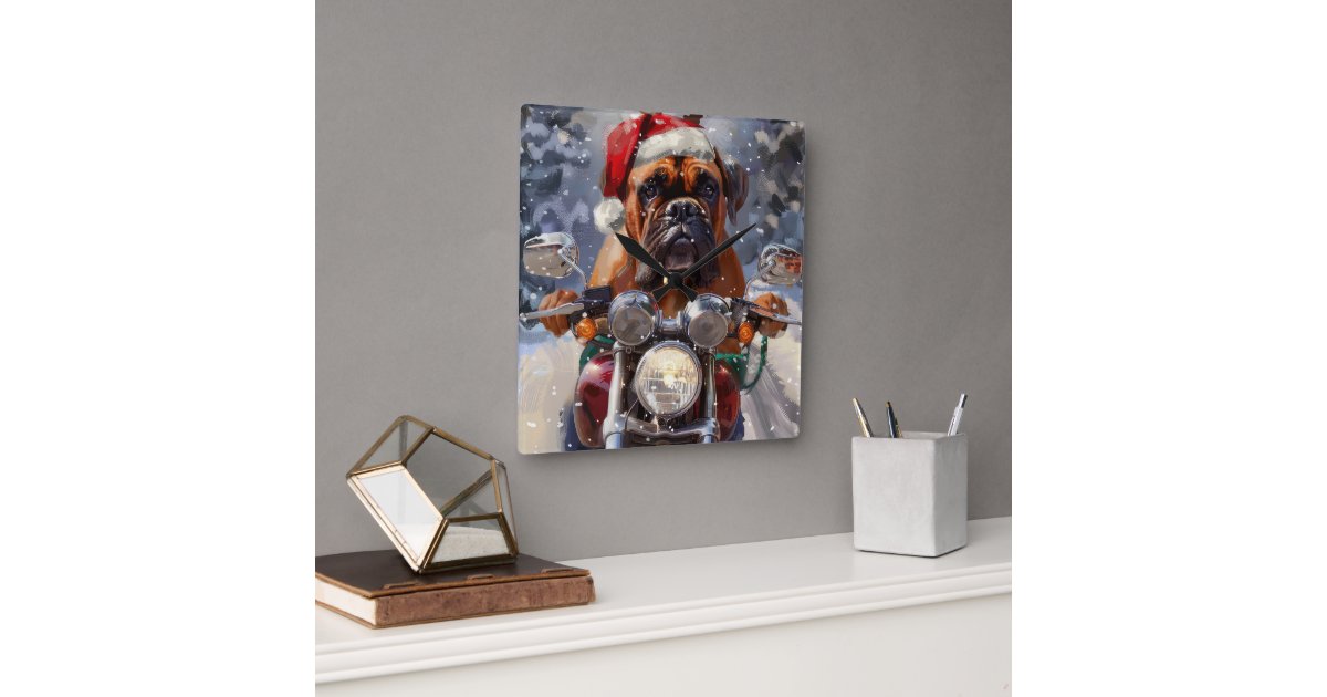 Bullmastiff Dog Riding Motorcycle Christmas Square Wall Clock | Zazzle