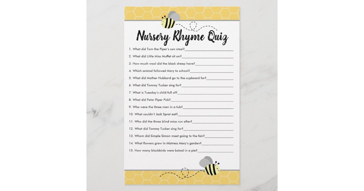 Bumble Bee Baby Shower Nursery Rhyme Quiz | Zazzle