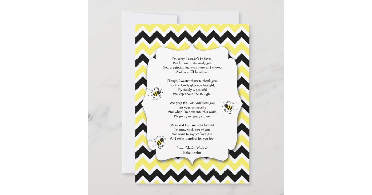 Bumble Bee Baby Shower Thank You Note with poem | Zazzle