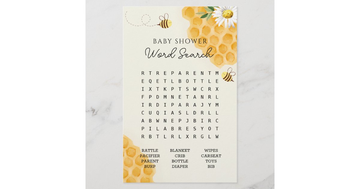 Bumble Bee Baby Shower Word Search Game | Zazzle