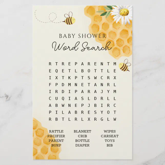 Bumble Bee Baby Shower Word Search Game | Zazzle