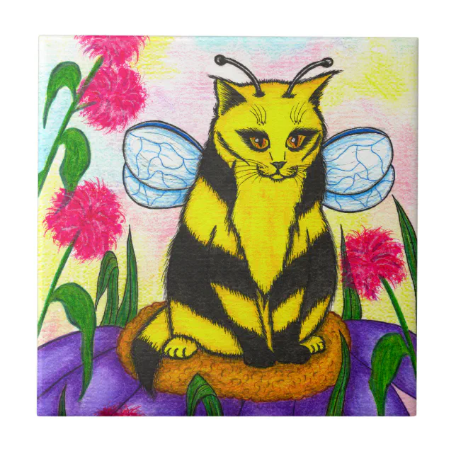 Bumble Bee Fairy Cat Fantasy Art Tile | Zazzle