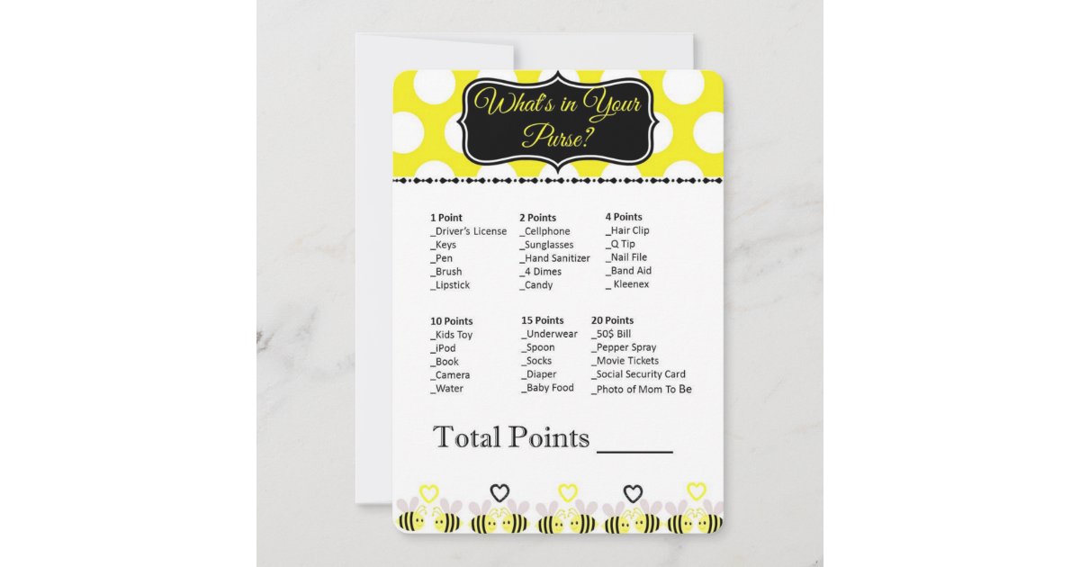 Bumble Bee What's in Your Purse? Baby Shower Game | Zazzle