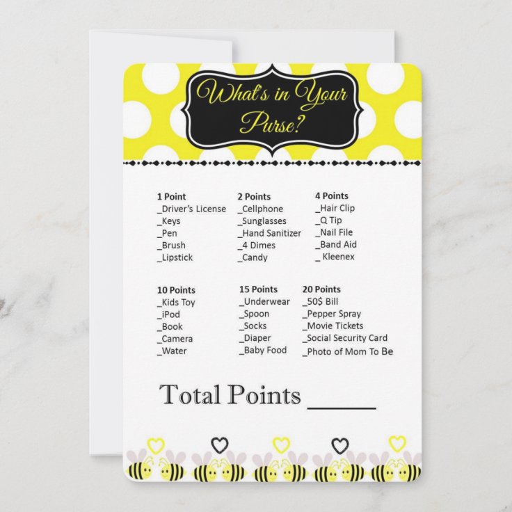 Bumble Bee What's in Your Purse? Baby Shower Game | Zazzle