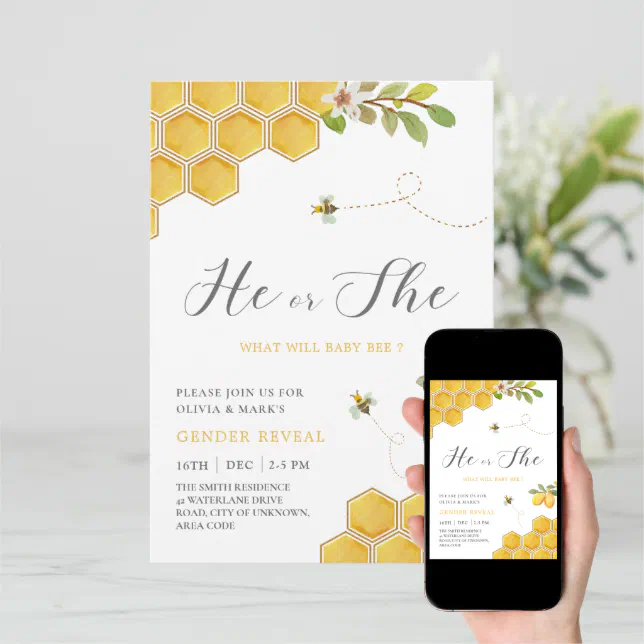 Bumble Bee Yellow Honeycomb Baby Gender Reveal Invitation | Zazzle