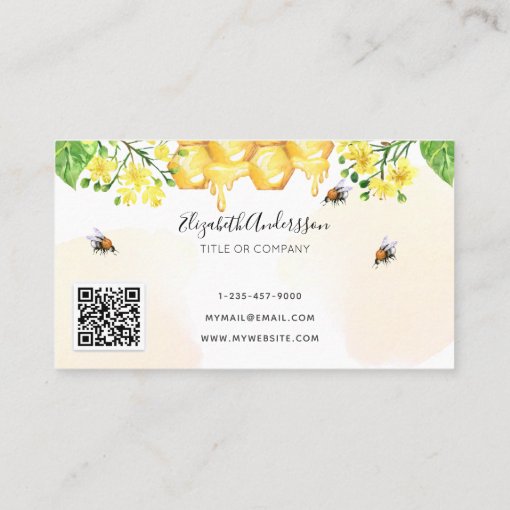 Bumble bees honey yellow floral qr code business card | Zazzle
