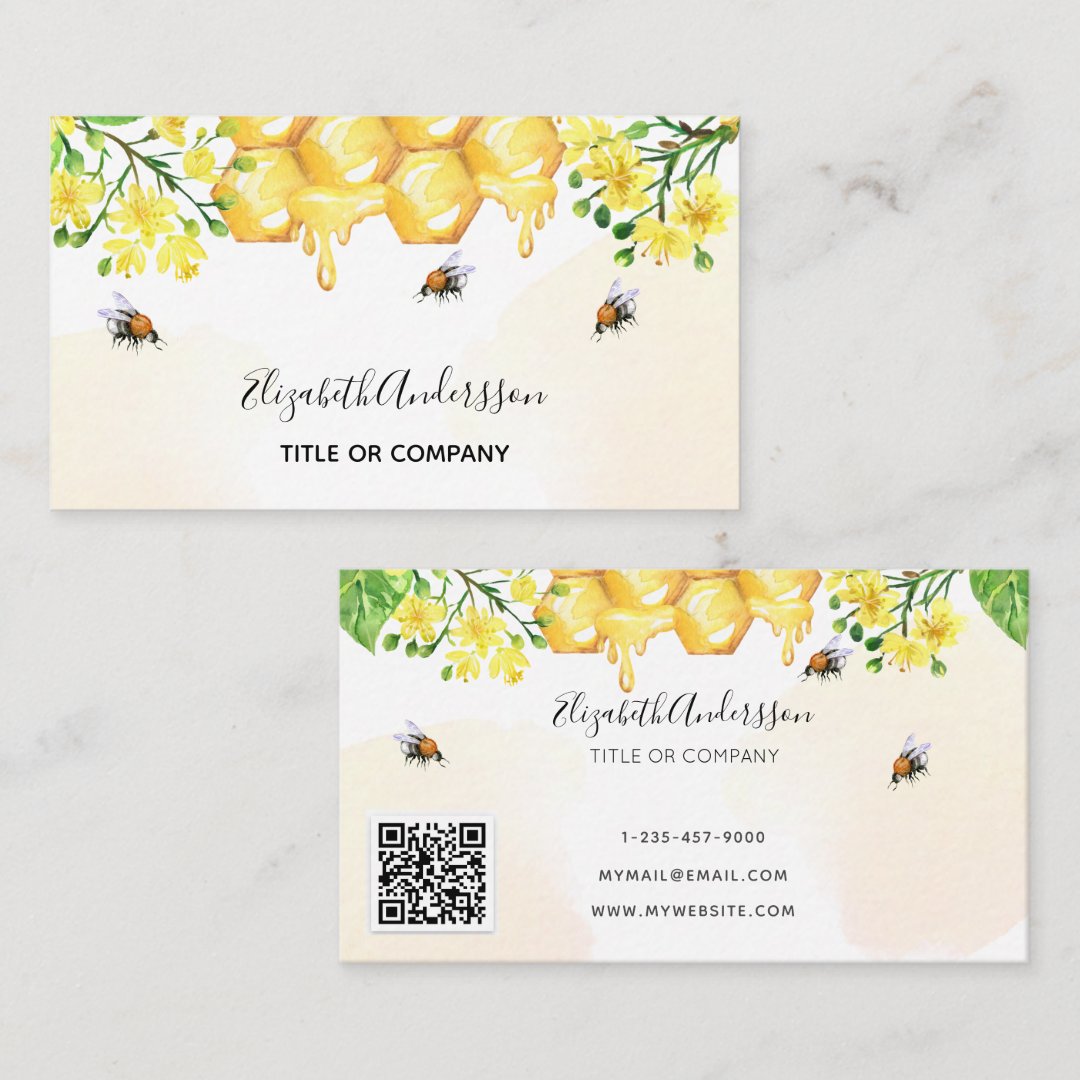 Bumble bees honey yellow floral qr code business card | Zazzle