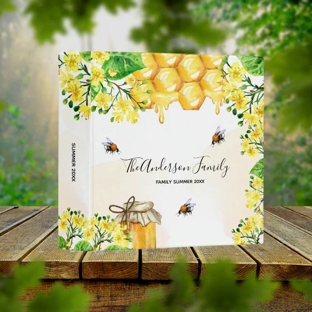 Bumble bees honey yellow florals family monogram 3 ring binder | Zazzle