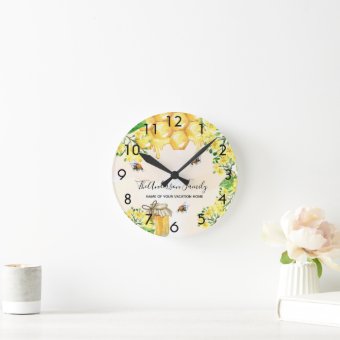 Bumble bees honey yellow florals family monogram round clock | Zazzle