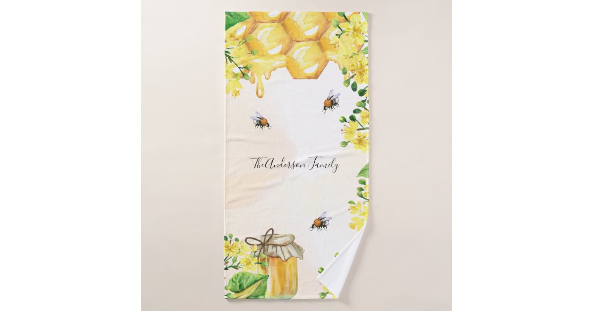 Bumble bees honey yellow florals monogram bath towel | Zazzle