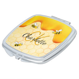 Bumble bees honeycomb honey dripping monogram compact mirror | Zazzle