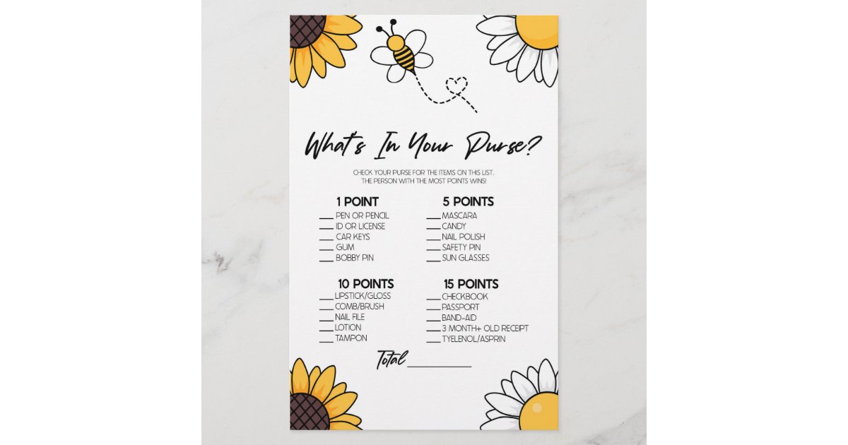 Bumble Honey Bee What's In Purse Baby Shower Game Stationery | Zazzle
