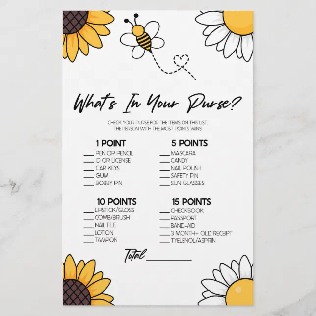 Bumble Honey Bee What's In Purse Baby Shower Game Stationery | Zazzle