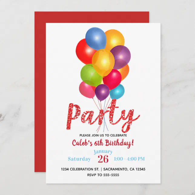 Bunch of Balloons Birthday Party Red Glitter Invitation | Zazzle