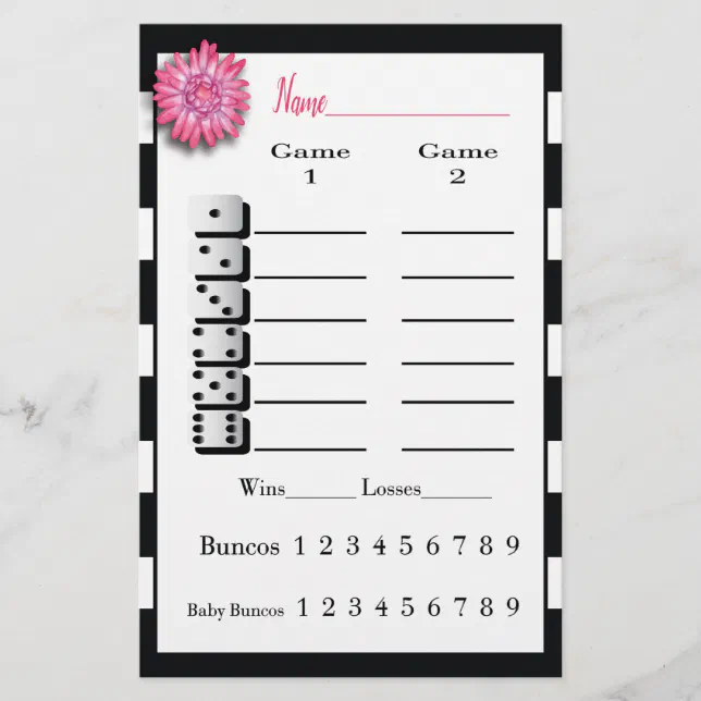 Bunco Black White Pink Flower Score Sheet | Zazzle
